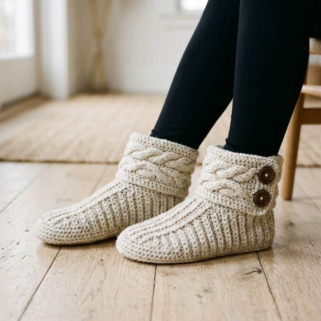 Cozy Cable Button Slipper Boots Free Crochet Pattern - 11Crochet